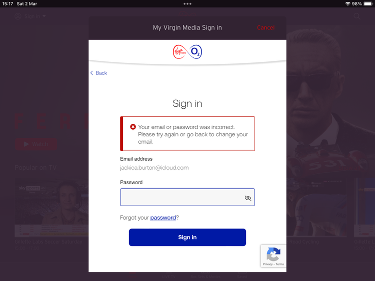 Cant login to Virgin TV GO | Virgin Media Community - 5488306