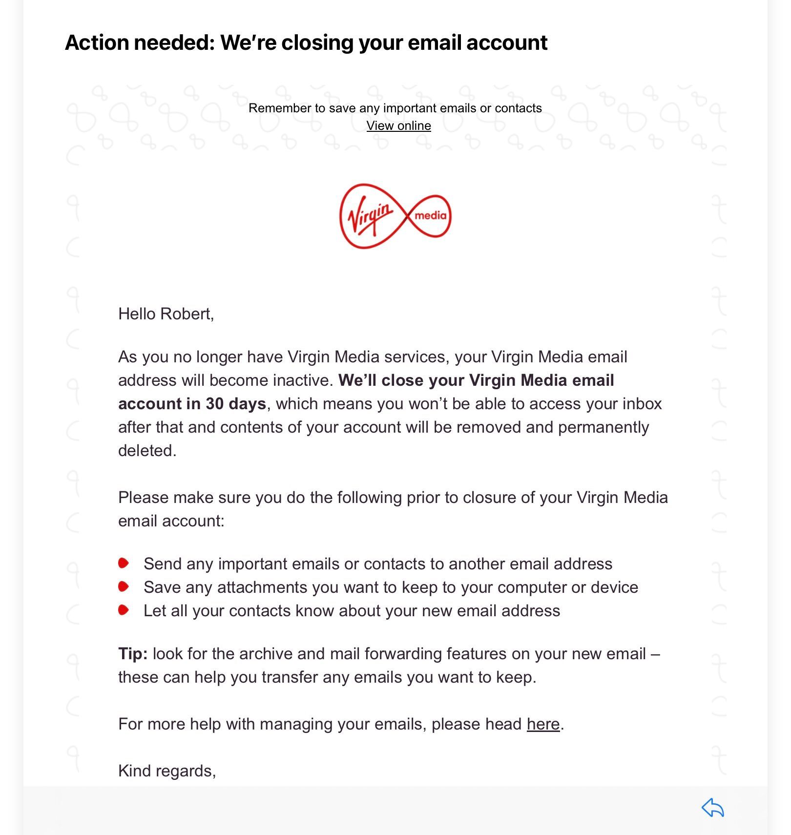 Email claiming Virgin Media will close my account | Virgin Media ...