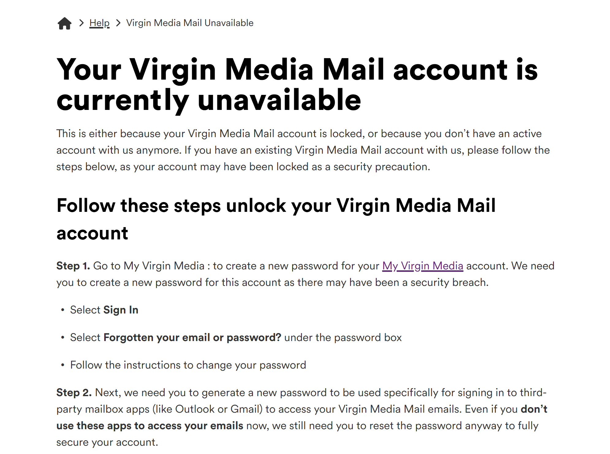 Unable to access email account again | Virgin Media Community - 5591991