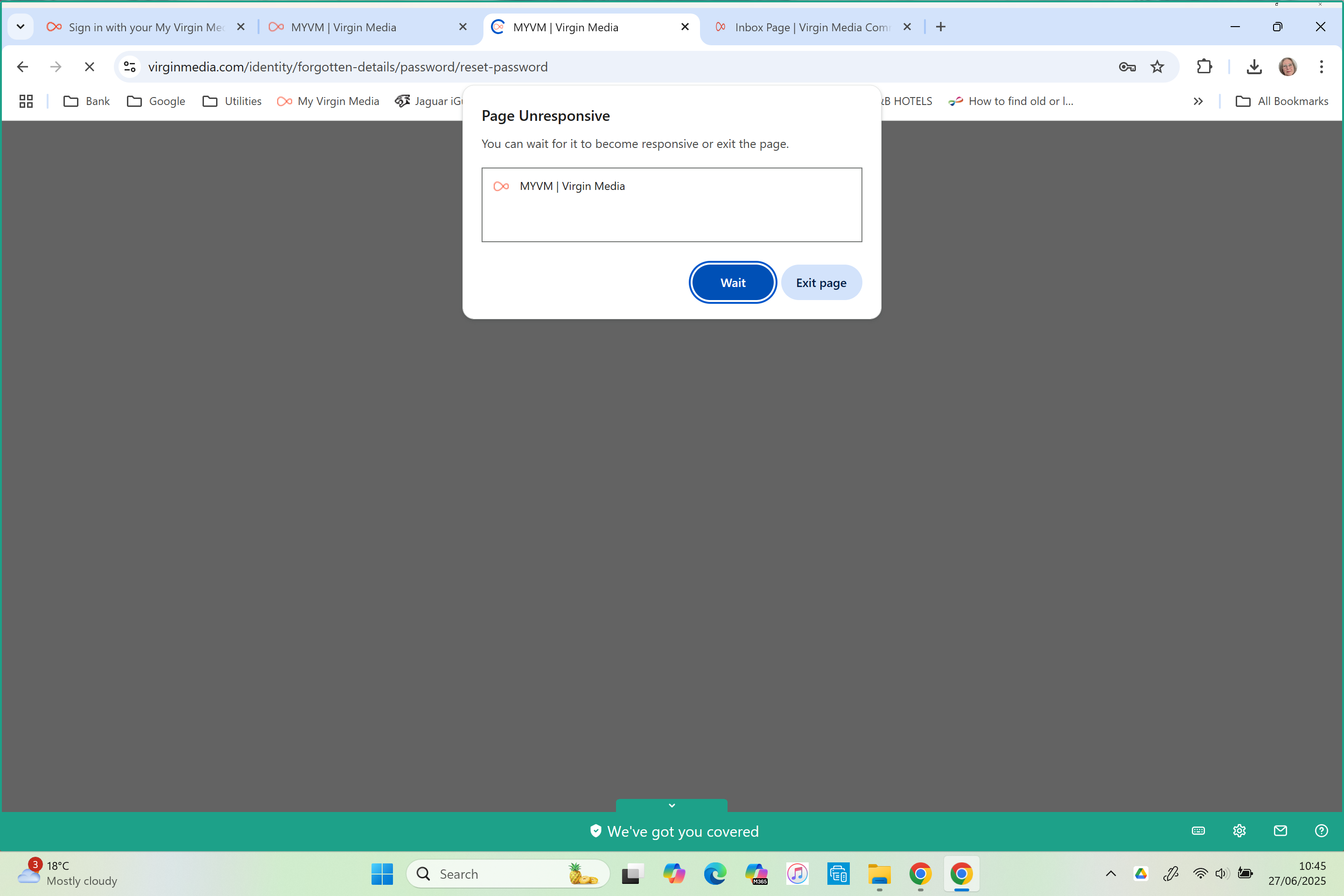 Cannot access account or reset password 27/06/25 | Virgin Media Community - 5648886