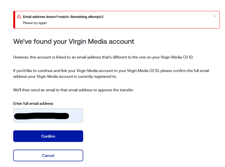 Email address different to one on my Virgin Media O2 ID...? Cannot link ...