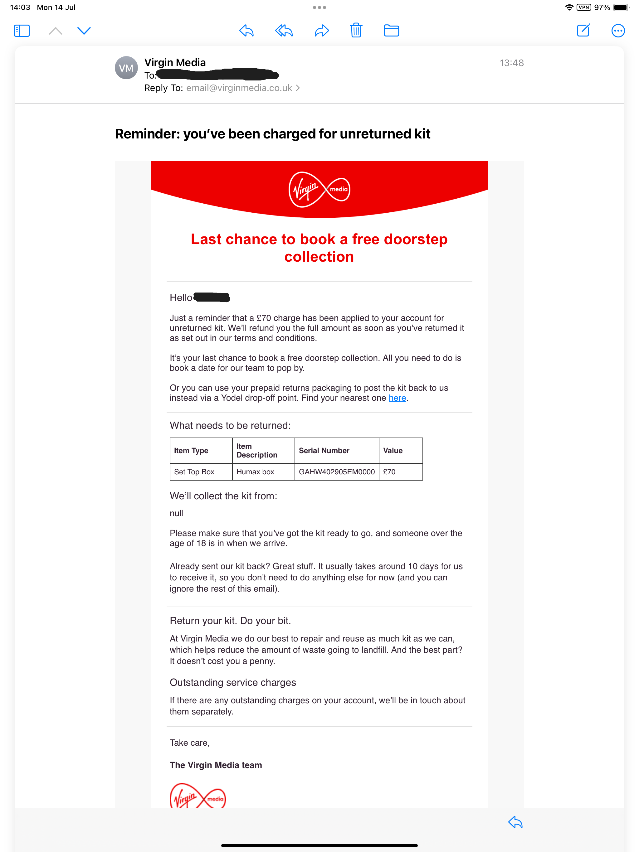 'Charge' for 'non return of faulty device' taken away by technician ...